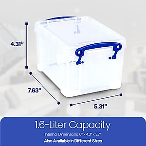 Really Useful Box 1.6 Liter Plastic Stackable Storage Container with Snap Lid & Built-In Clip Lock Handles for Home or Office Organization, 4 Pack