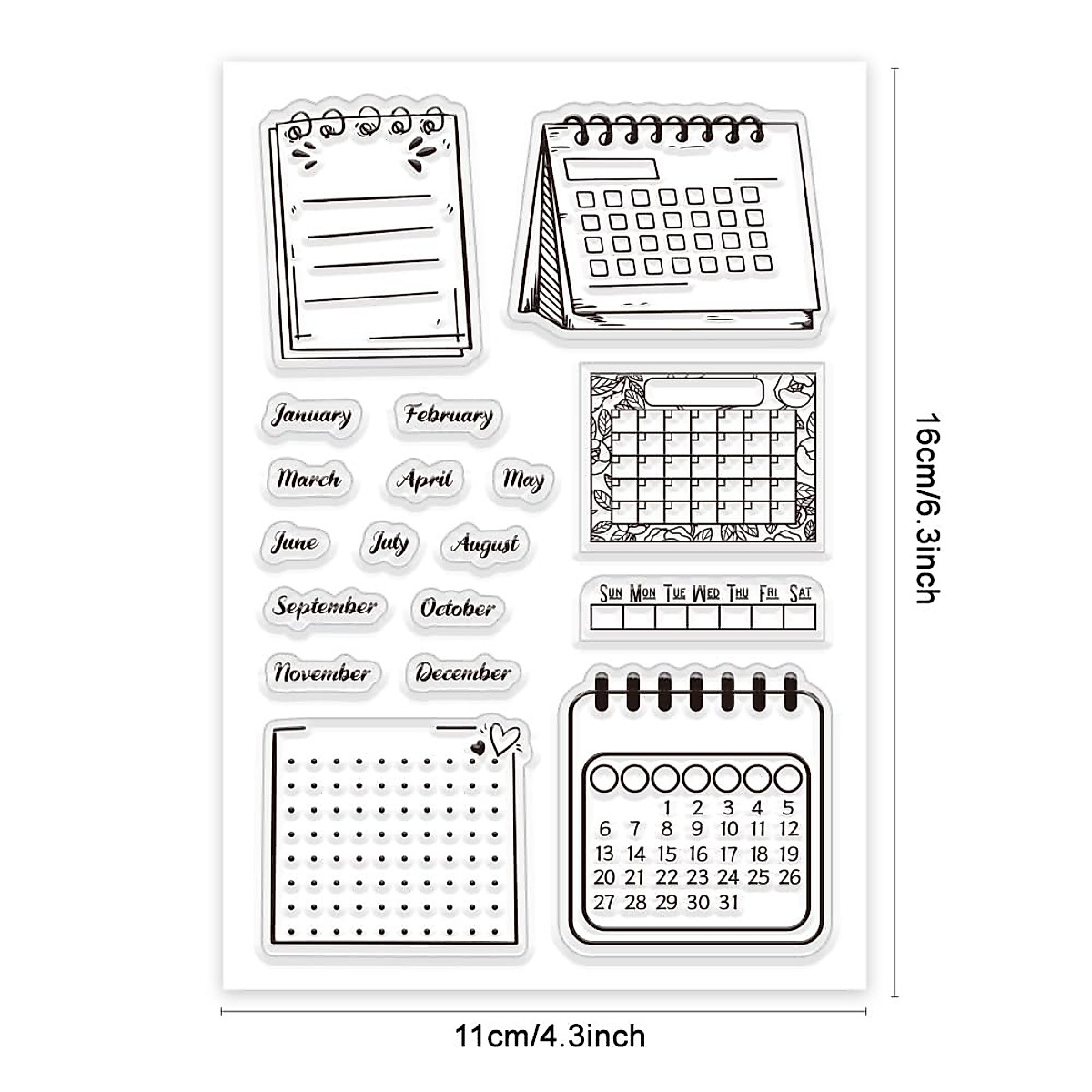 PH PandaHall Clear Calendar Stamps, Number Rubber Stamps Months Silicone Stamp Transparent Seal Stamps for DIY Scrapbooking, Photo Album Decorative, Cards Making, 6.2x4.3inch