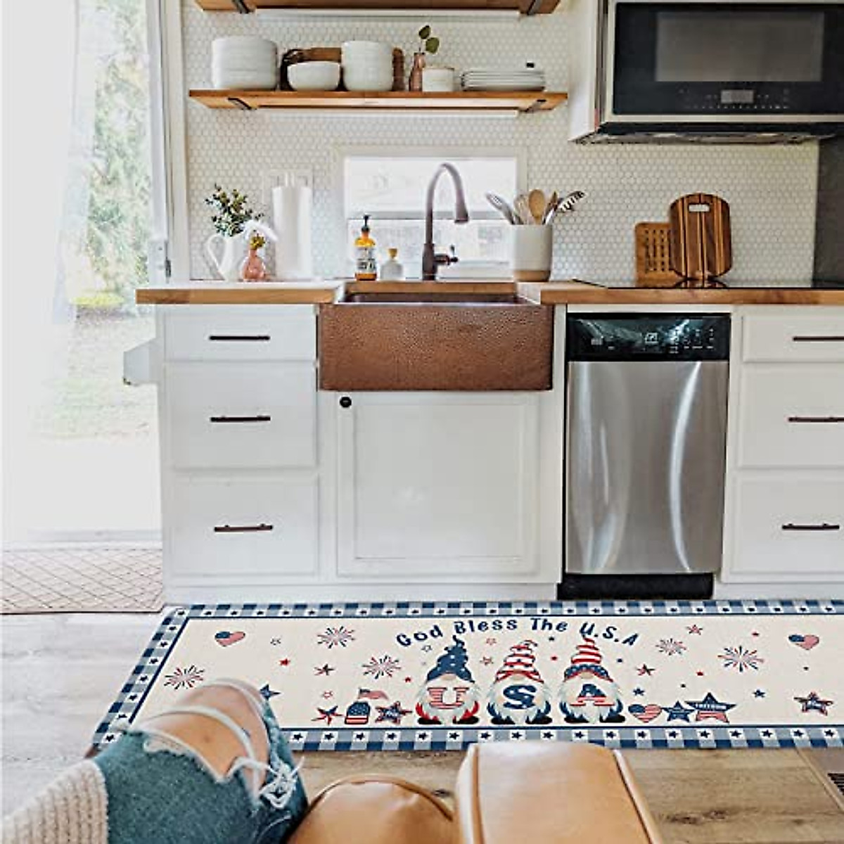 Cushioned AntiFatigue Kitchen Mats and Rugs,4th-of-July Gnomes Absorbent Floor Bath Door Mat,Doormat Accent Runner Carpet Washable Indoor Comfort Standing Mat Independence Day Red Blue Stars Burlap