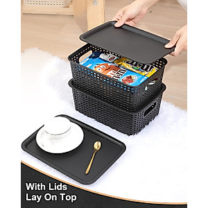 AREYZIN Storage Bins Plastic Storage Baskets With Lid Small Baskets for Organizing Stackable Storage Container Organizer Bins for Shelves Drawers Desktop Playroom Classroom Office, 6 Pack,Black