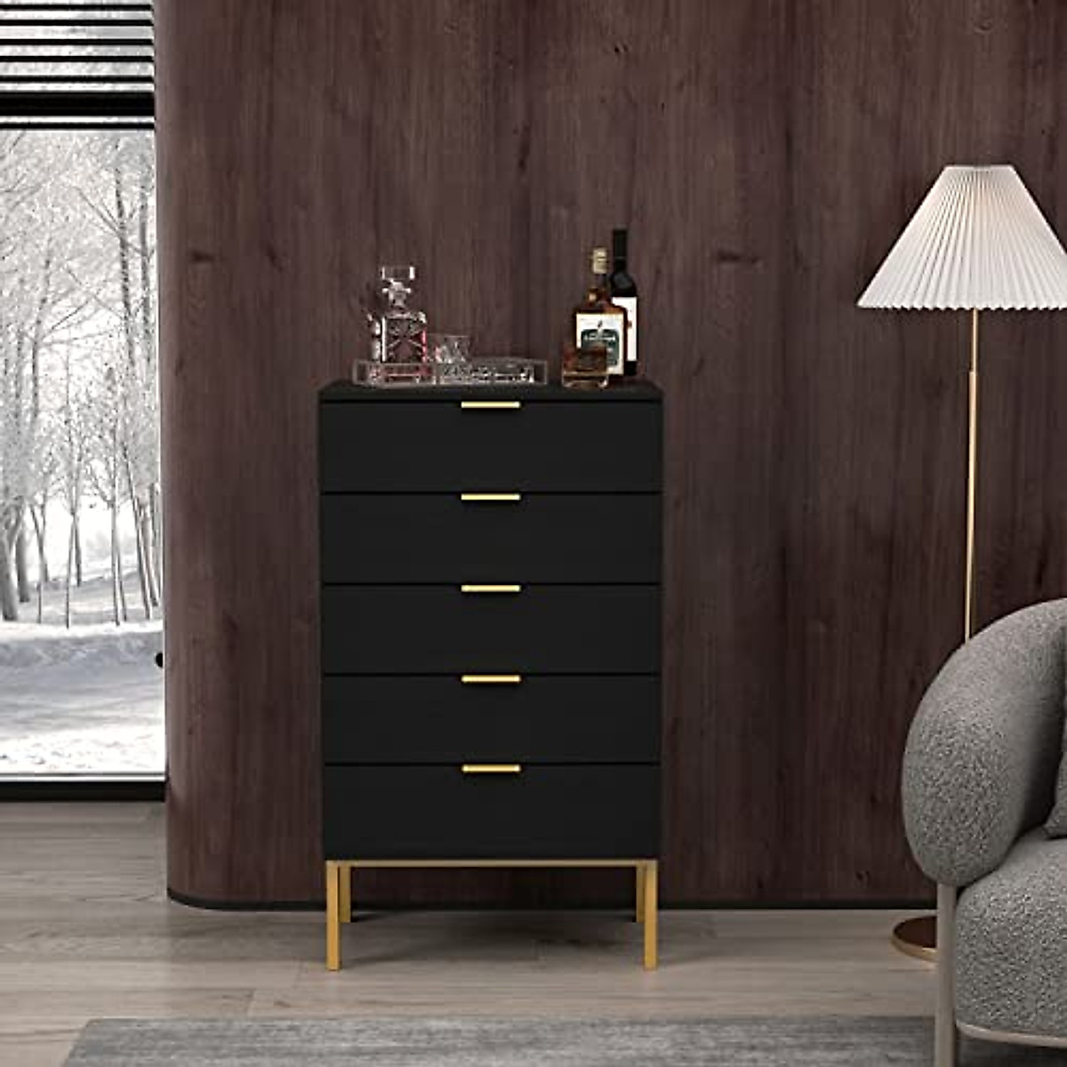 FAMAPY Chest of Drawers 5-Drawer Dresser with Straight Gold Metal Legs, Wood Storage Chest Drawer Organizer Large Storage for Bedroom Black (23.6”W x 15.7”D x 41.1”H)