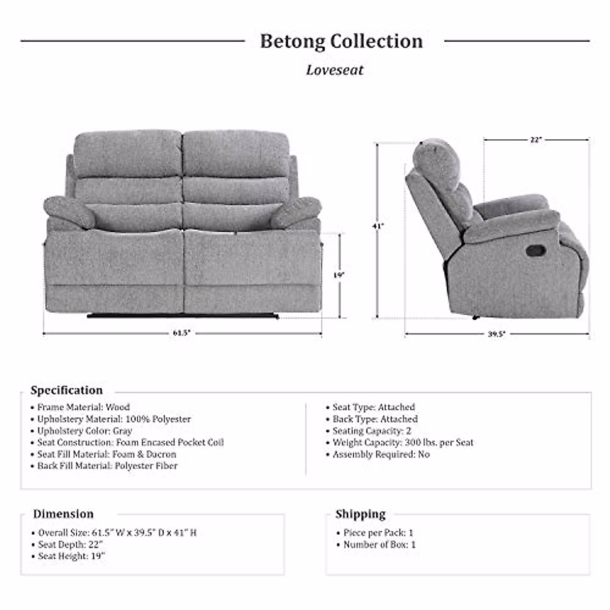 Lexicon Betong Double Reclining Loveseat, Smoke Grey