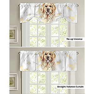 Tie Up Curtain Valance Window Topper 1 Panel 42x18in,Farm Cute Dog Gold White Marble Adjustable Rod Pocket Short Window Shade Valances for Kitchen Bedroom Windows,Modern Abstract Wild Symbol Stone
