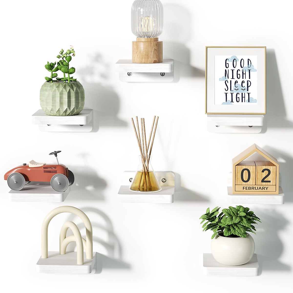 SRIWATANA Small Floating Shelves Wall Mounted, 4 Inch Wood Shelf for Decoration and Storage Set of 8, Mini Display Shelf for Bedroom, Bathroom, Kitchen, Office (White