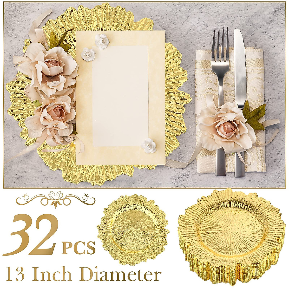 32 Pack Charger Plates Set Reef Plate Chargers for Dinner Table Serving Tray Floral Plastic Decorative Plates for Table Setting Wedding Party, 13 Inch (Gold)
