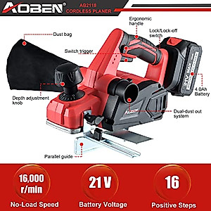 AOBEN Cordless Electric Hand Planer 21V, 16000Rpm 3-1/4-Inch Wood Planer, Li-ion Battery and Charger, Adjustable Planing Depth Power Planer for Woodworking Chamfer Home DIY