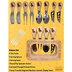 Frenchie The French Bulldog Cheese Board Deluxe Stainless Steel Utensils 12 Set, and Engraved Bamboo Display Stand, Cheese Knives, Forks, Spoons, Spreaders and Mini Forks, Fancy Frenchie Charcuterie