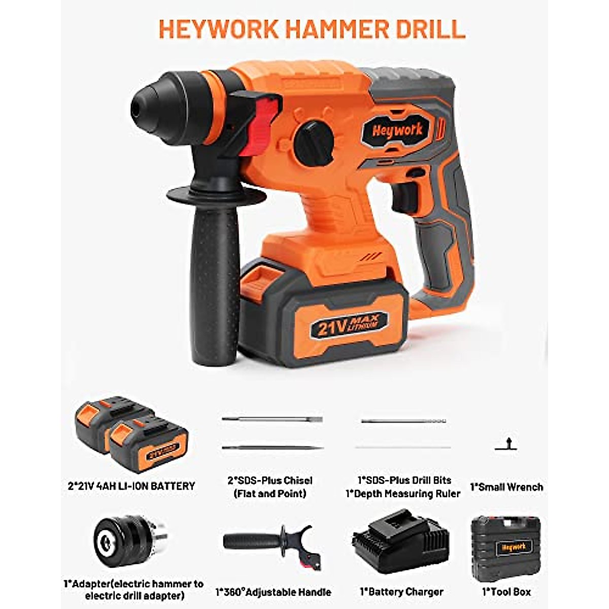 Heywork Cordless Rotary Hammer Drill, 4 Modes Variable Speed and Adjustable Handle, SDS-Plus Chuck Hammer Drill with 21V 2*4.0Ah Li-ion Battery and Charger, Electric Hammer Drill for Wall, Concrete.