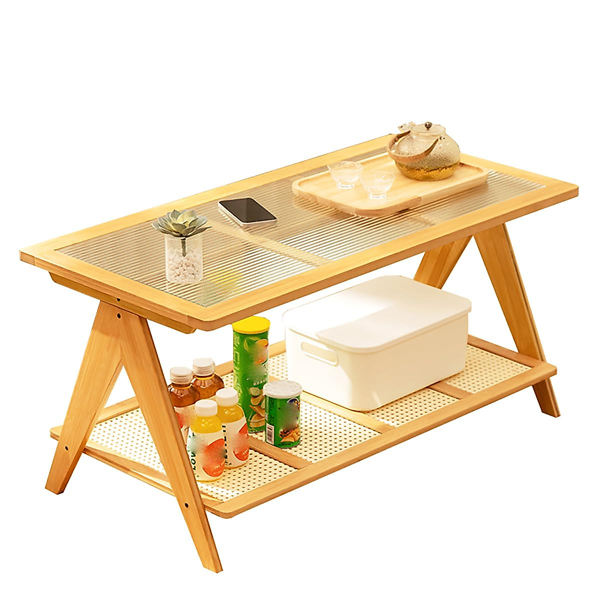 CUPKEE Bamboo Solid Wood End Table, Glass Table End Tables, Double Layer Large Capacity Sofa Side Cabinet with Storage for Living Room, Balcony, Bedroom