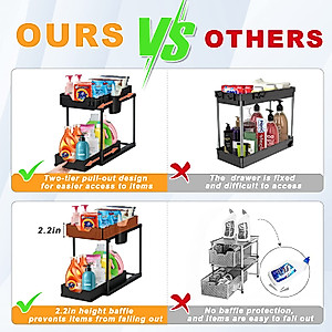 ENOMY 2 Pack Double Sliding Under Sink Organizers and Storage, 2 Tier Under Cabinet Organizer with Hooks & Hanging Cups Multi-Purpose Under Sink Shelf Organizer for Bathroom Kitchen, Black