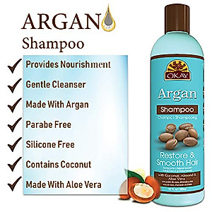 OKAY | Argan Shampoo | For All Hair Types & Textures | Restore, Hydrate and Smooth Hair | With Coconut, Almond, & Aloe Vera | Free of Parabens, Silicones, Sulfates | 12 oz
