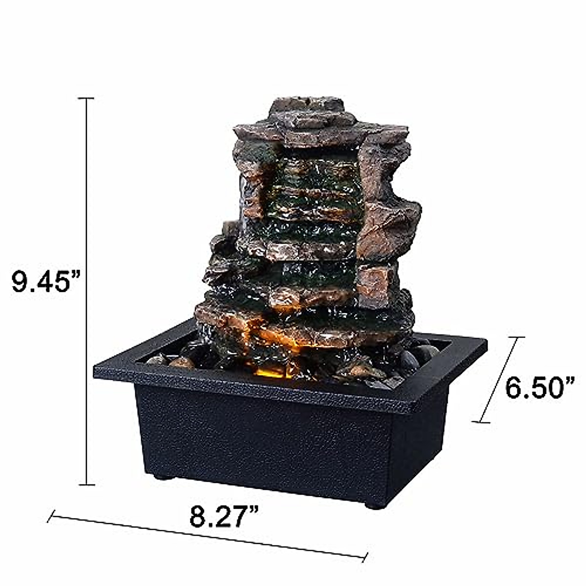 GOSSI Home Décor Waterfall Meditation Fountain Indoor Tabletop Many Natural River Rocks Decorated Office Home Table Fountion with LED Lights (22103)