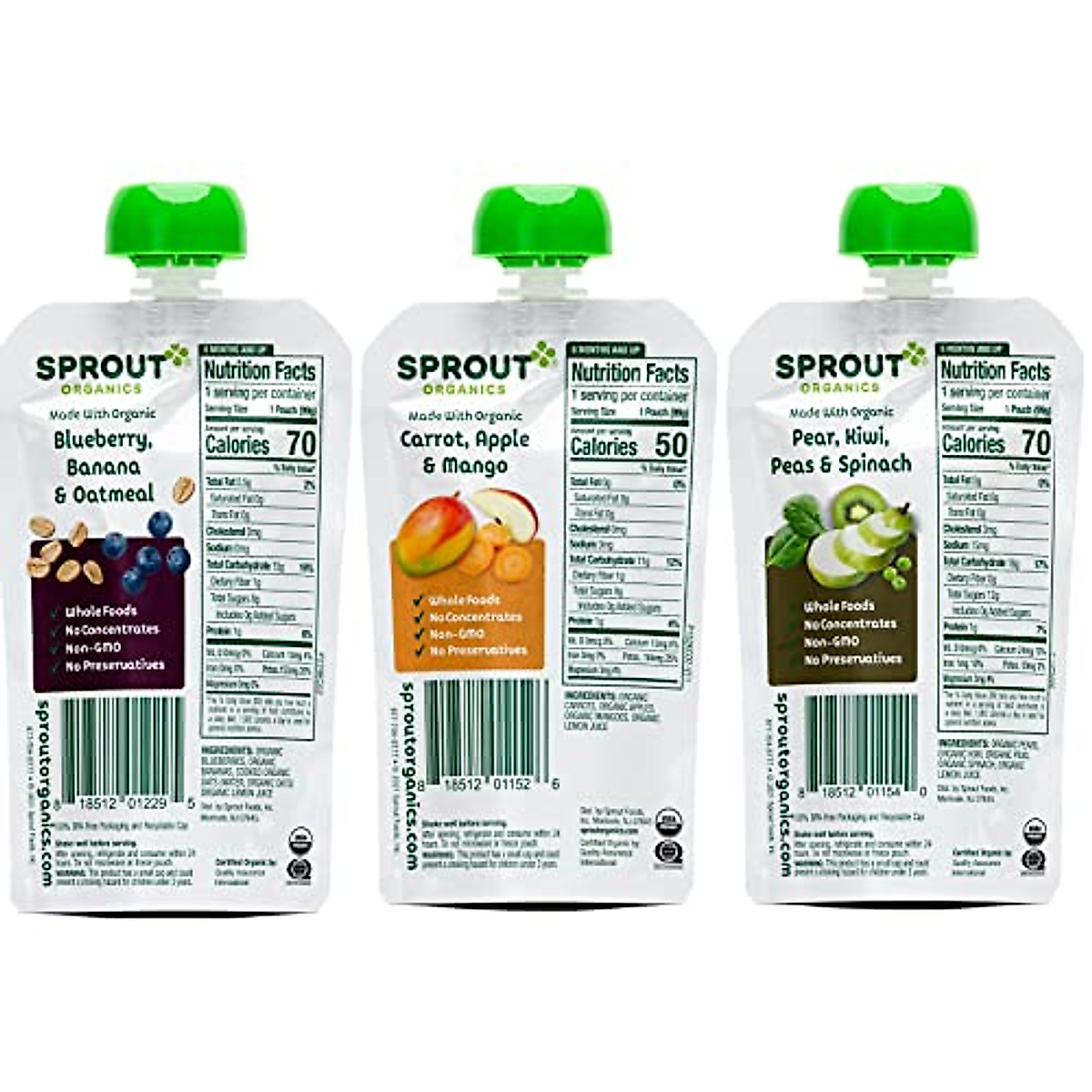 Sprout Organics, Stage 2 Variety Pack, Carrot Apple Mango, Pear Kiwi Peas Spinach & Blueberry Banana Oatmeal, 6+ Month Pouches, 3.5 oz (12-count)