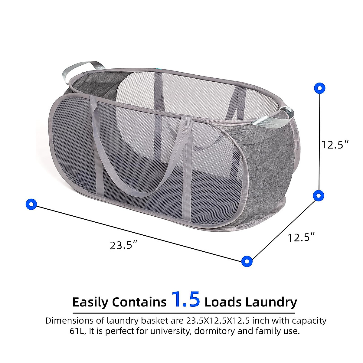 Tenrai Tear Proof Pop Up Laundry Hampers, Easy to Collapsible Laundry Basket, Easy to Carry & Go Up and Down Stairs, Mesh-Breathable, with Strong Handles Laundry Hamper. (1.5 Loads)