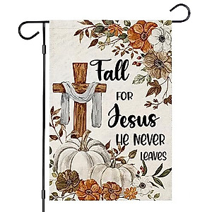 Fall Cross Garden Flags for Outside Decorations, Religious Cross Fall for Jesus with Pumpkins Maple Leaves Small Yard Flag, Harvest Autumn Thanksgiving Seasonal Farmhouse Holiday Outdoor Decor 12x18 Inch Vertical Double Sided