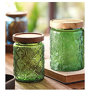 Pletmin Vintage Glass Jar, 23.7 FL OZ Airtight Glass Storage Jar with Acacia Lid, Food Containers for Kitchen Ideal for Tea, Coffee, Sugar, Candy, Cookies, Spices, Home Decorative Jar(GREEN 2PACK)