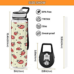 Wusikd Ladybug Water Bottle Tritan BPA-Free Drink and Straw Leakproof Motivational Yellow Drinking Water Bottles with Carrying Strap for Office, Gym, Outdoor Sports