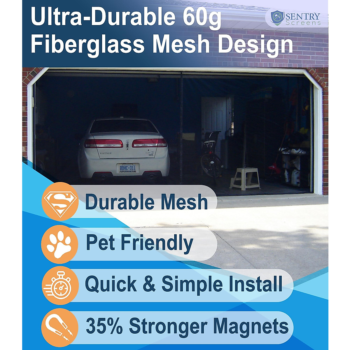 Magnetic Garage Door Screen - Double Car - 8'h x 16'w (+ Other Sizes) - 60g Fiberglass Mesh - Stronger 1,400gs High Energy Magnets - Weighted Bottom - Tie Backs - Wind Resistors - Black