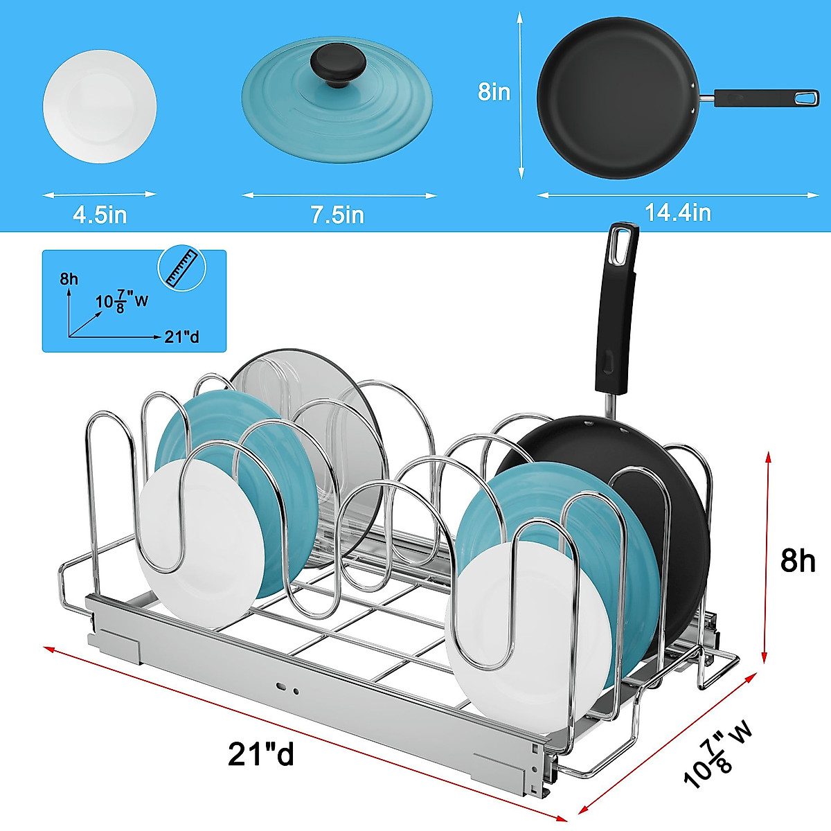 ROOMTEC Slide Out Pan and Pot Lid Organizer for Cabinet, Kitchen Pull Out Pot Lid Rack Pantry Cutting Board Bakeware Cookware Holder - 11in. W x 21in. D - Chrome
