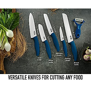 Vos Ceramic Knife Set, Ceramic Knives Set For Kitchen, Ceramic Kitchen Knives With Peeler, Ceramic Paring Knife 4", 5", 6", 7", 8" Inch Blue