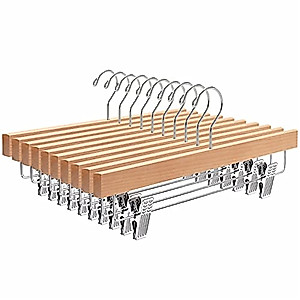 Amber Home 10 Pack Natural Wooden Pants Skirts Hangers, Solid Wood Trousers Bottom Hanger with 2-Adjustable Clips, Clip Hangers for Slacks, Jeans, Shorts (Natural, 10 Pack)
