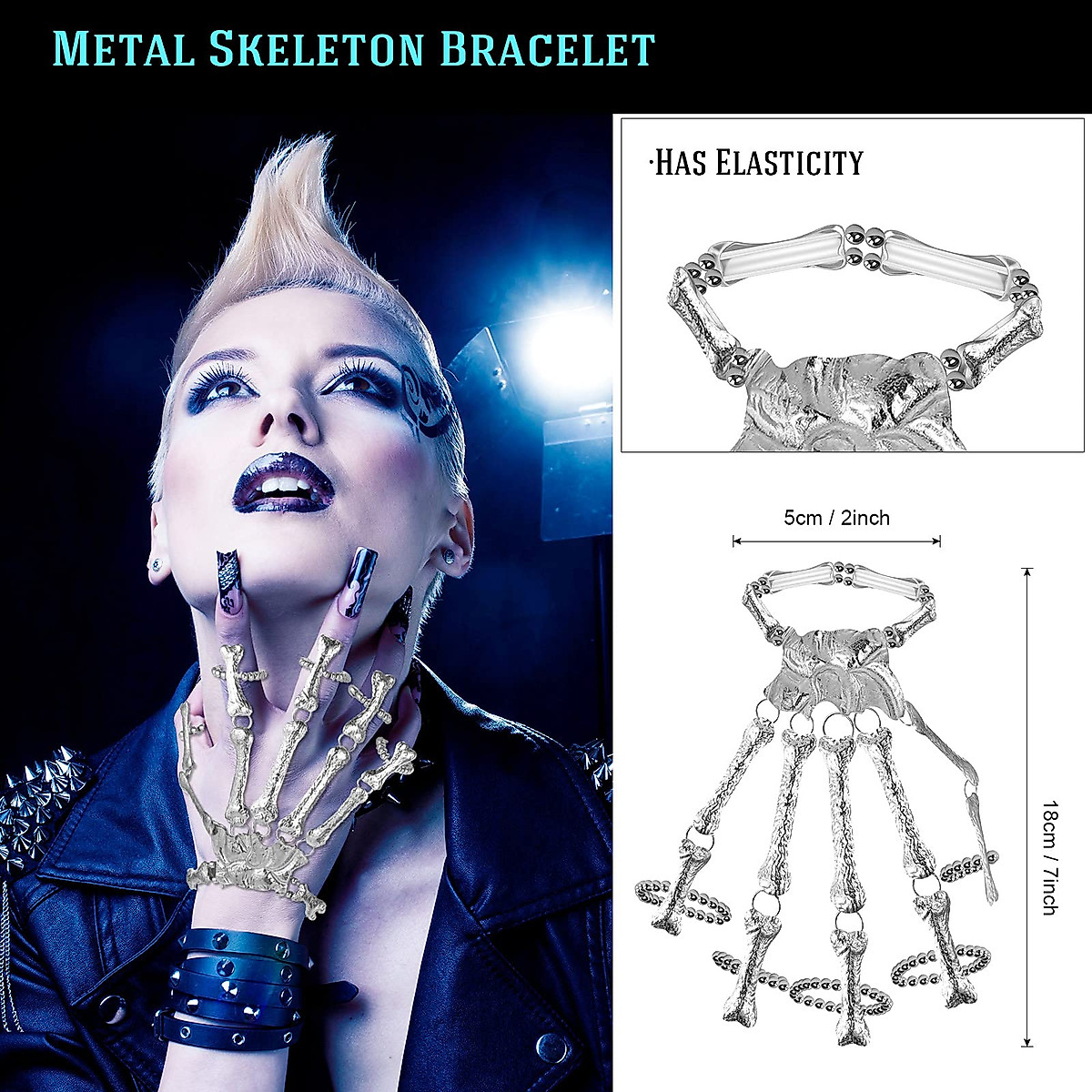 5 Pieces Full Finger Ring Punk Wristband Skull Fingers Hand Bracelet Skull Finger Skeleton Joint Bracelet Knuckle Full Ring for Halloween Accessories (Silver)