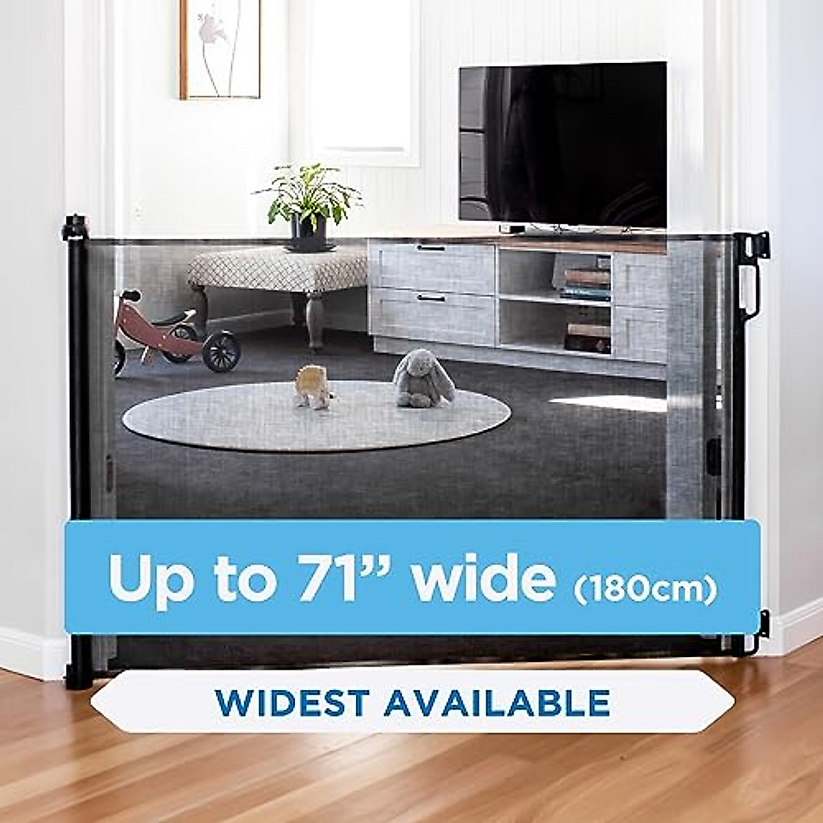 Retractable Baby Gate Perma Child Safety 41" Tall x 71” Wide, Mesh, For Stairs, Doorways, Dogs, Pets, Indoor, Outdoor, One-Handed Operation, Locking, Easy Install, Hardware Mount, Black