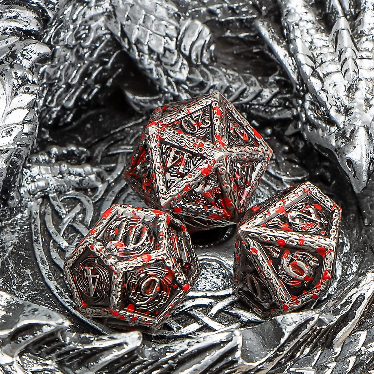 D&D Dice Set for Dungeons and Dragons, RUNFNG 7PCS Metal DND Dice Set D20 D12 D10 D8 D6 D4 D%, Blood Spatter D and D Polyhedral Dice Set for RPG Role Playing Table Game, Warhammer with Gift Box…
