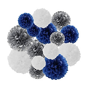 Tissue Paper Pom-Poms Party Decorations - 15pcs 5 Size Navy Blue White Silver Paper Flowers,Graduation Wedding Baby Bridal Shower Room Hanging Decorations Boy Birthday Party Backdrop Decor Panduola