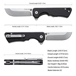 EMHTiii Pocket Folding EDC Knife: 2.95" D2 Steel Stonewashed Blade, G10 Scales, Flipper Liner Lock, Reversible Clip, Great Gifts for Men Women Camping Hiking Outdoor, Black