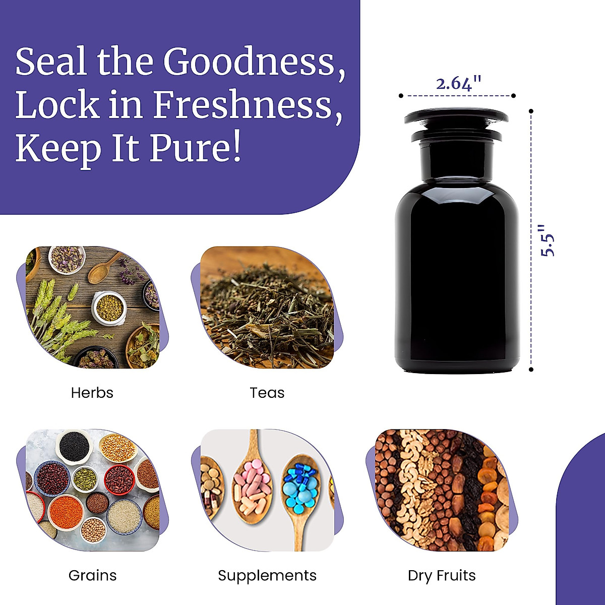 Infinity Jars Round jar Black Ultraviolet Glass Refillable Empty Apothecary Jar 250 ml (8.4 Fl oz) with Airtight Glass Lid for Tea, Spices, Dried Goods, Herb Storage | Smell Proof Jar 3-Pack