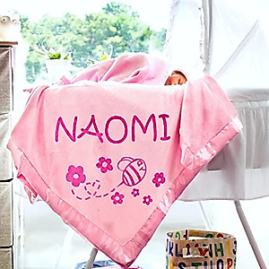 Custom Catch Personalized Girl Pink Baby Blanket Gift with Flower, Ladybug, Bee or Butterfly