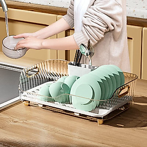 ZYFAB Dish Drying Rack, Kitchen Dish Drainer Rack, Plastic Transparent Sink Organizer Dish Rack Drainboard Set with Utensil Holder Cups Holder for Kitchen Counter,Clear