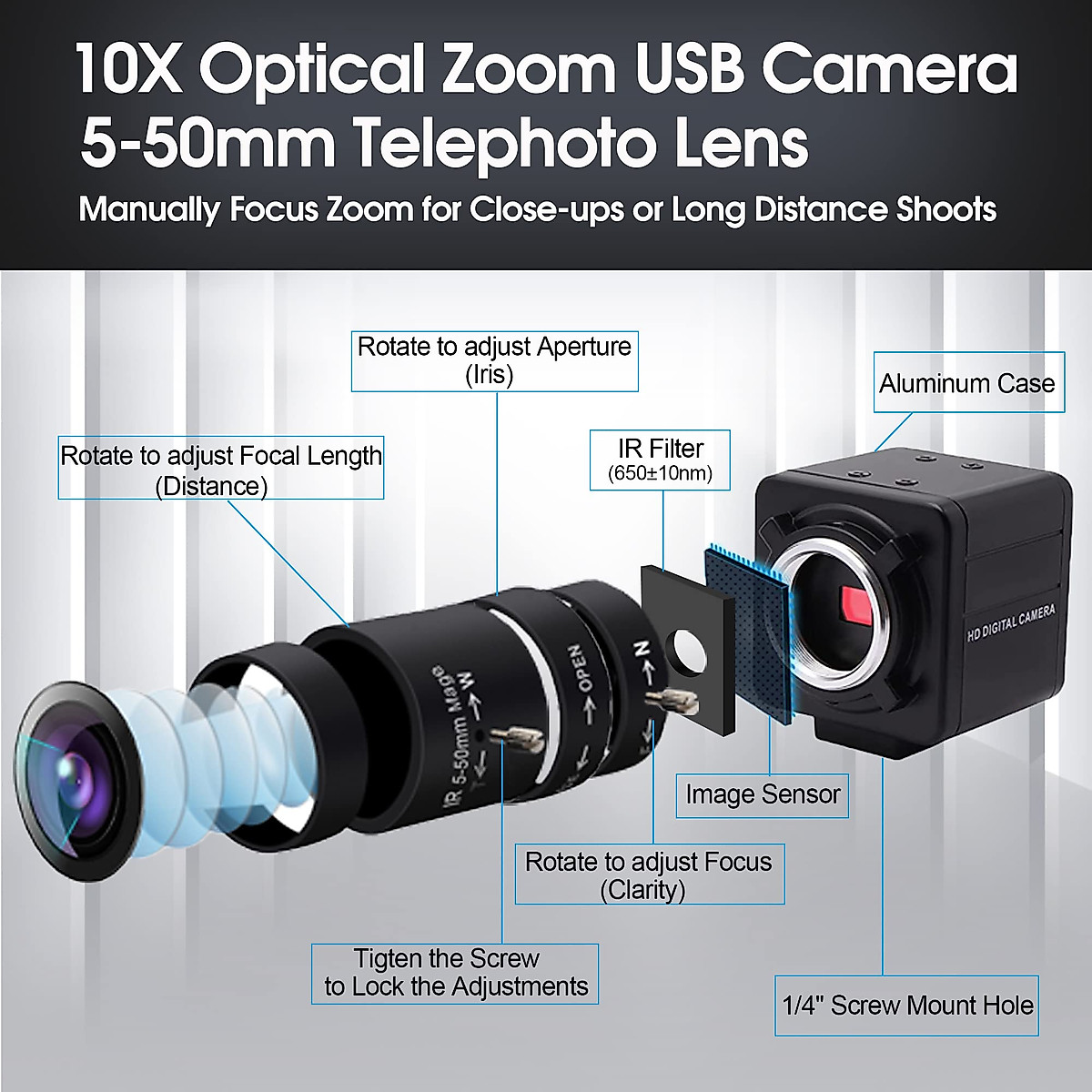 SVPRO 8MP USB Webcam 10X Optical Zoom USB Camera with 5-50mm Manual Lens,Sony IMX179 Sensor Zoomable UVC Computer Camera High Definition Web Camera for Laptop Windows Android Linux MacOS