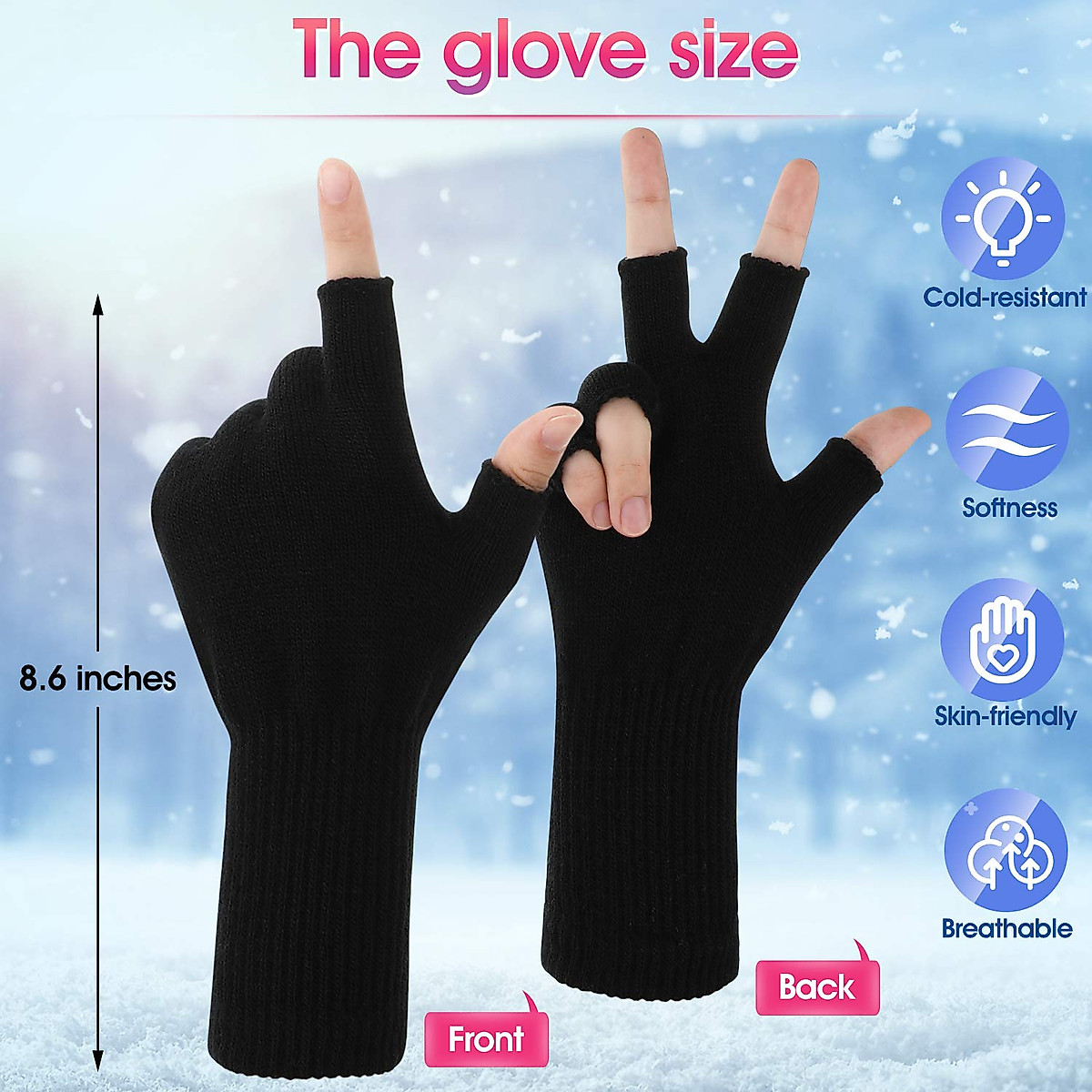 6 Pairs Unisex Half Finger Gloves Warm Stretchy Knit Fingerless Gloves 8.6 Inches Soft Gloves for Women Men (Black, White, Blue, Orange, Pink, Grey)