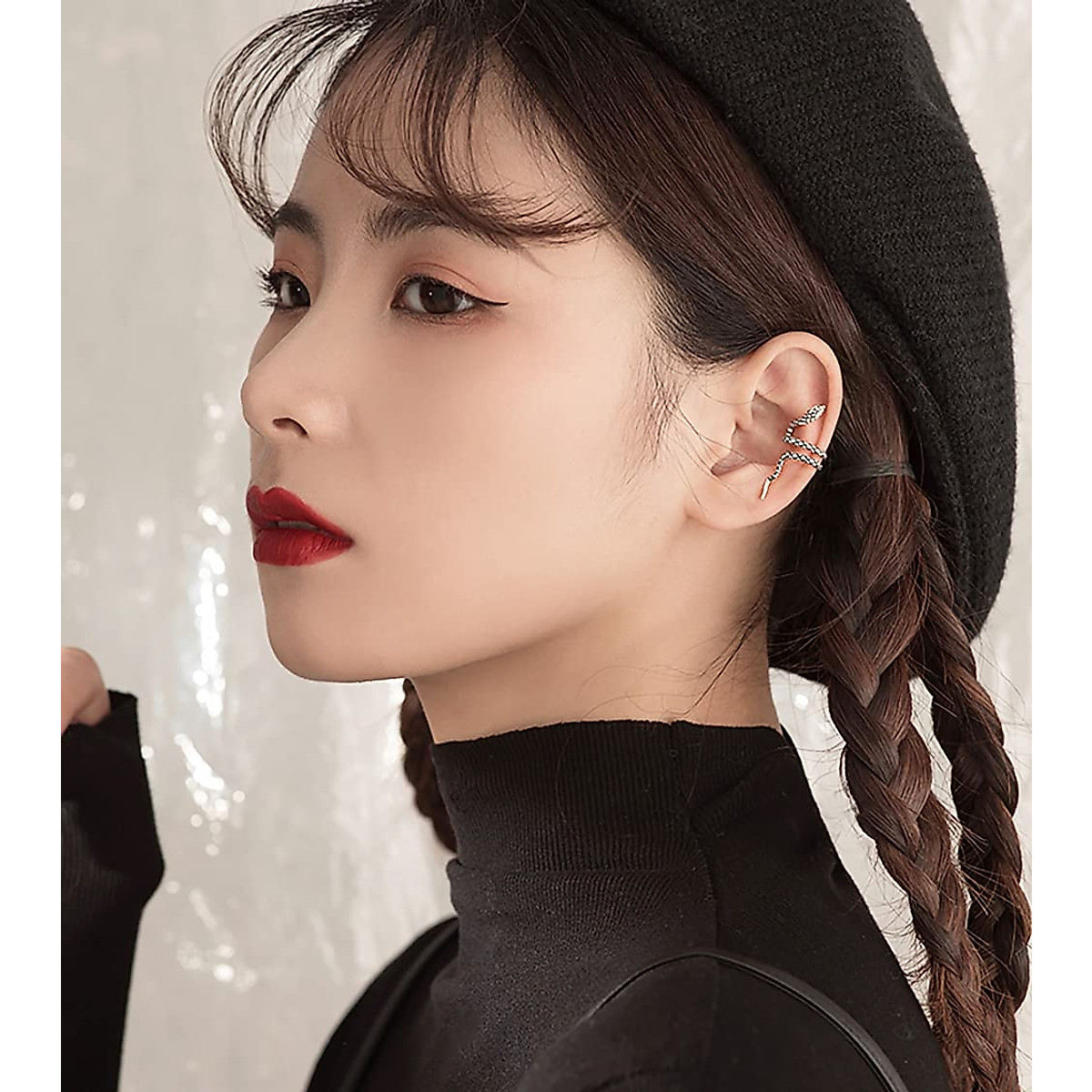 Reffeer Solid 925 Sterling Silver Snake Cuff Earrings Wraps for Women Snake Crawler Cuff Earrings No Piercing (A-Black Gold)