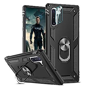 LeYi for Samsung Note 10 Case: Galaxy Note 10 Phone Case with [2 Pack] Camera Lens Protector, Military-Grade Shockproof Protective Case with Metal Ring Kickstand for Samsung Note 10, Black