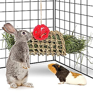 Bunny Chew Toys, Rabbit Toys, Timothy Hay Treats, Natural Sea Grass Mat Hay Feeder Bag, Rabbit Cage Hanging Chew Toys, All Natural Materials for Rabbit, Chinchilla, Guinea Pigs, Hamsters, Gerbils
