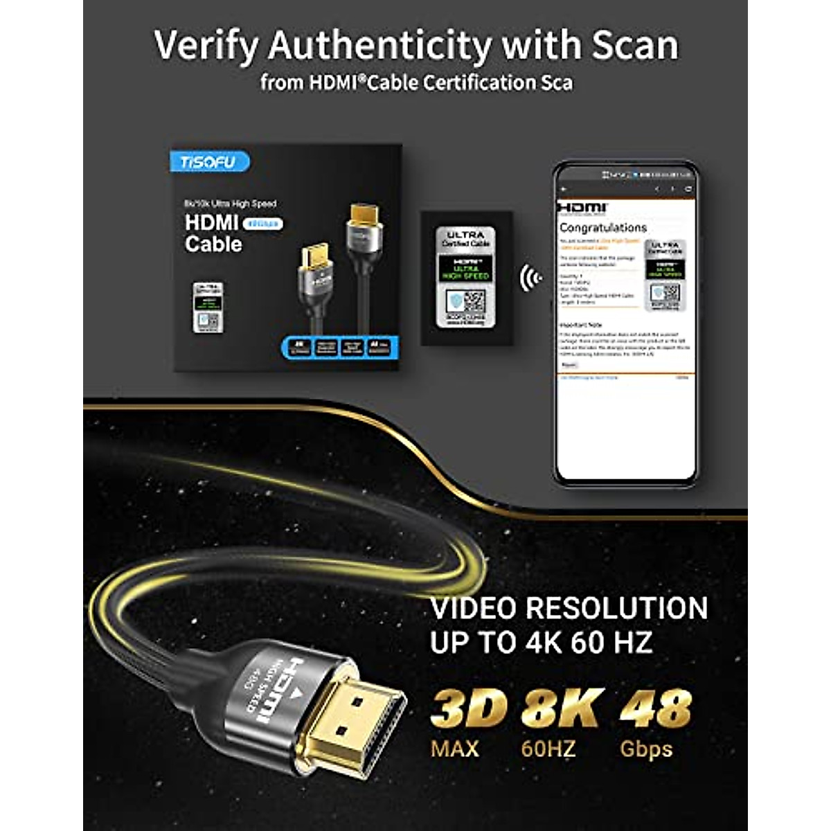 TISOFU Ultra Certified 10K 8K HDMI Cable 6FT: HDMI 2.1 Cables 48Gbps High Speed Premium Braided Cord 8K@60Hz 4K@120Hz 4K@144Hz HDCP 2.2&2.3 CL3 ARC eARC for HD/HDR/HDTV