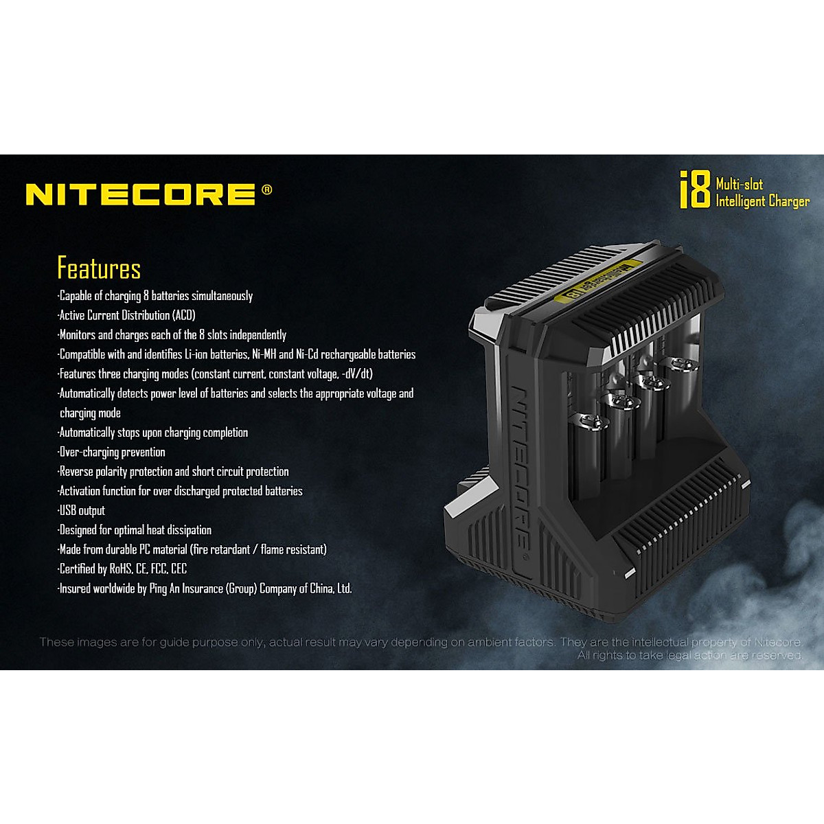 EdisonBright NITECORE i8 Eight Bays Smart Battery Charger for Li-ion/IMR/Ni-MH/Ni-Cd 26650 22650 18650 18490 18350 16340 RCR123 14500 AA AAA AAAA C D USB BBX3 Battery Carry case