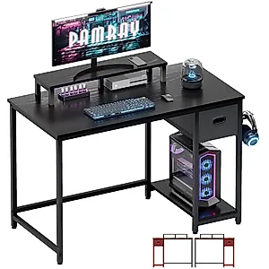 Pamray 39 Inch Computer Desk with Monitor Stand Small Home Office Desks with Non-Woven Storage Drawer for Bedroom Study Table Writing and Work Desk Black