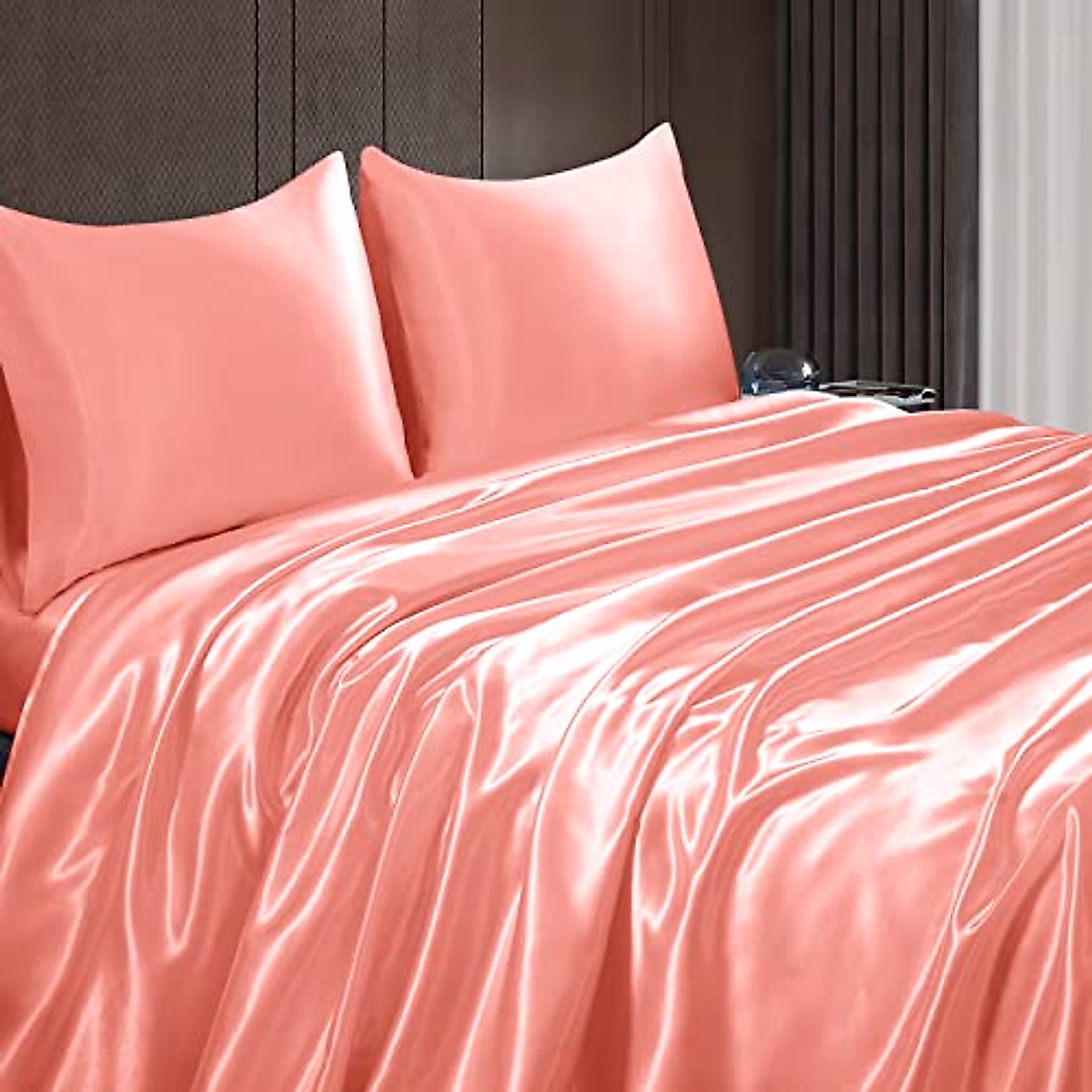 Homiest 3pcs Satin Sheets Set Luxury Silky Satin Bedding Set with Deep Pocket, 1 Fitted Sheet + 1 Flat Sheet + 1 Pillowcase (Twin Size, Rose Pink)