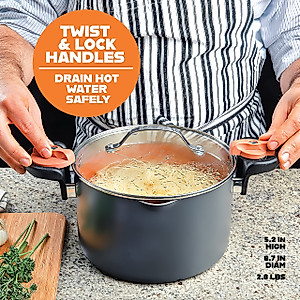 Gotham Steel 5 Quart Stock Multipurpose Pasta Pot with Strainer Lid & Twist and Lock Handles, Nonstick Ceramic Surface Makes for Effortless Cleanup with Tempered Glass Lid, Dishwasher Safe, Graphite