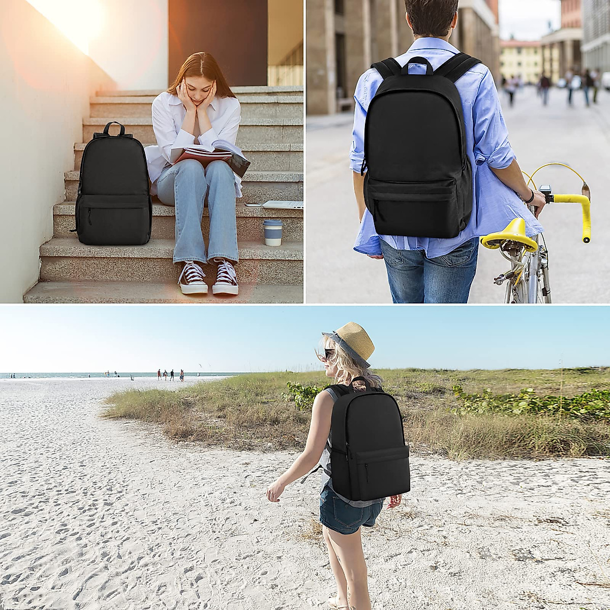 HEEYA Classic Basic Backpack Lightweight Bookbag for College Middle School Travel Work for Girls Boys - Black