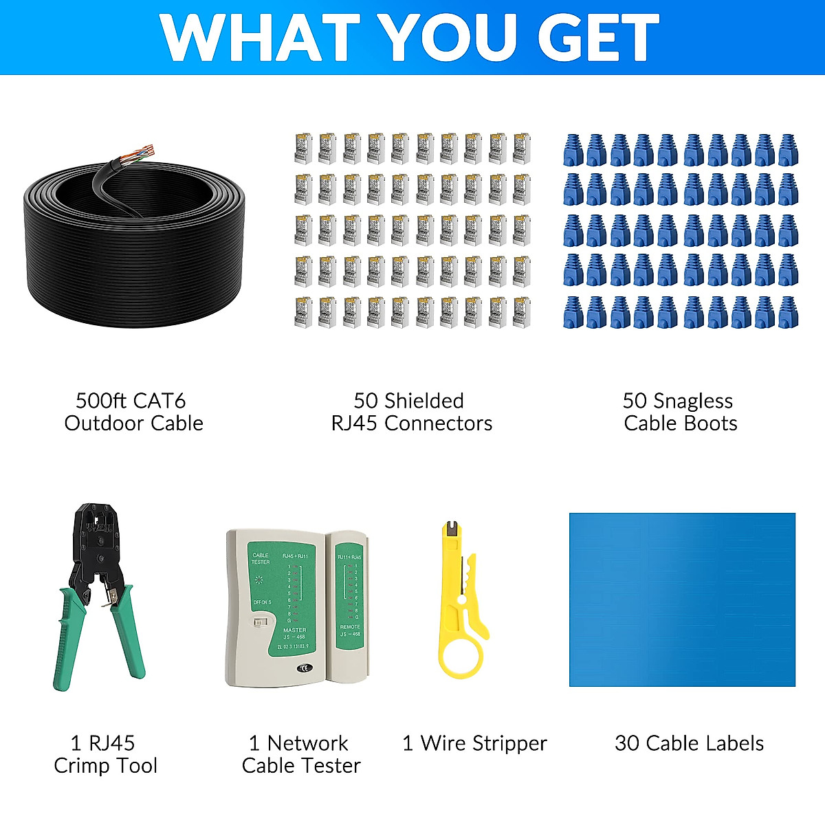 Cat6 Outdoor Ethernet Cable 500 FT with Tool Kit, Heavy Duty Network Internet DIY Bulk Cord, Support Cat 6 Cat5e Cat5, UTP, CCA, Waterproof, PVC & LLDPE UV Double Jackets, in Wall, Direct Burial, POE