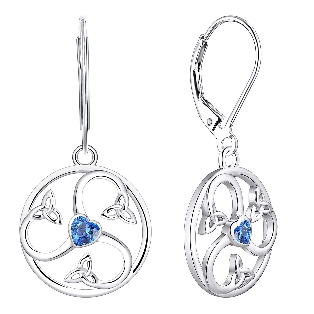 JO WISDOM Women Earrings,925 Sterling Silver Triquetra Celtic Triskele Spiral Trinity Knot Drop & Dangle Earrings with Heart Cut 3A Cubic Zirconia March Birthstone Aquamarine Color