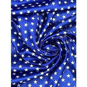 New Creations Fabric & Foam Inc, Patriotic 4th of July, White Stars on Royal Blue Satin Fabric by The Yard