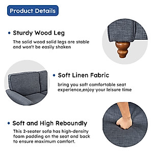 EBELLO Modern Linen Fabric Loveseat Sofa, Upholstered 2-seat Sofa Couch Wood Frame and Sturdy Legs for Living Room Bedroom Office, Dark Blue