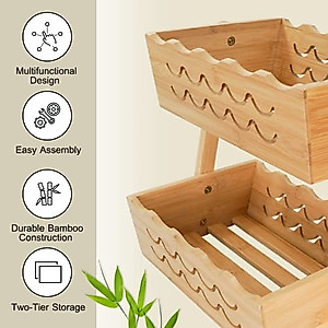 Happy Panda Bamboo 2 Tier Bamboo Fruit Basket Bowl Kitchen Countertop Display Wooden Shelf Organizer Bread Box Stand Holder Multi Purpose Large Storage Capacity for Vegetables & Houshold Accessories