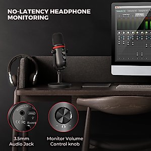 AUDIOPRO USB Microphone, Cardioid Condenser Gaming Mic for PC/Laptop/Phone/PS4/5, Headphone Output, Volume Control, USB Type-C Plug and Play, LED Mute Button, for Streaming, Podcast, Studio